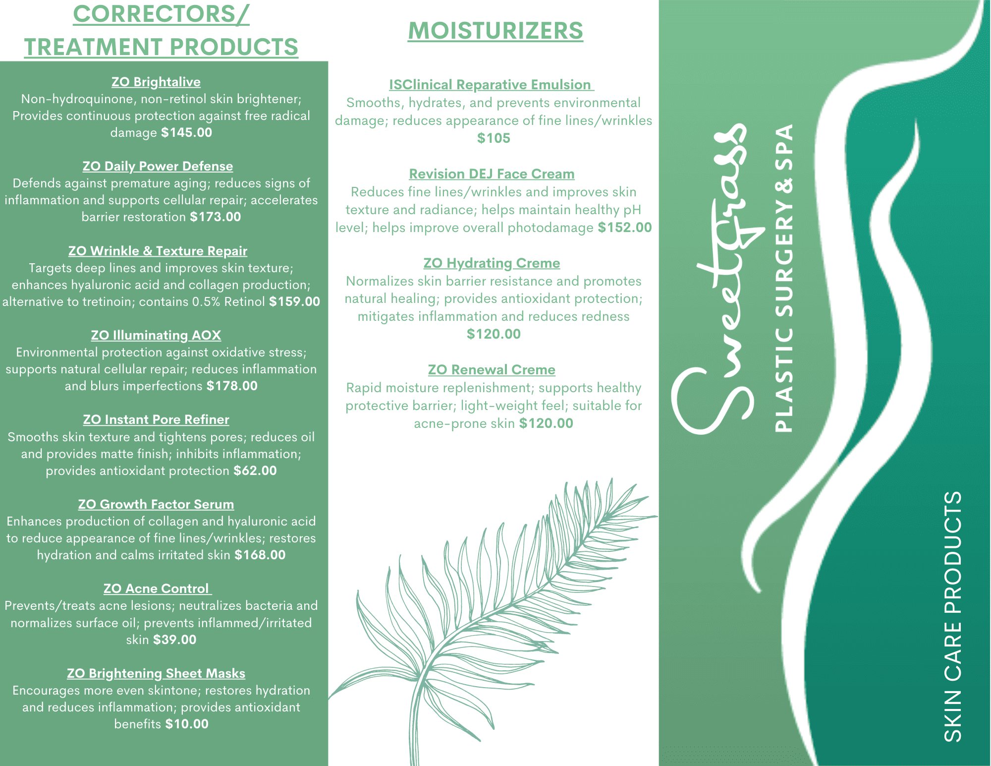 Skincare Product Menu - Sweetgrass Plastic Surgery